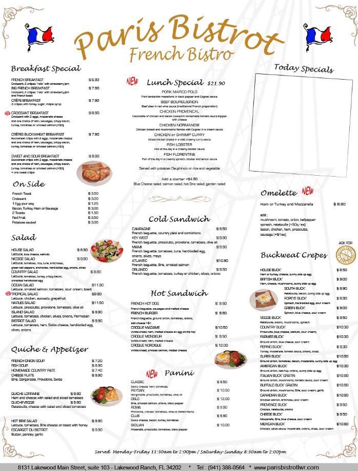 Menu at Paris Bistrot pub & bar, Lakewood Ranch