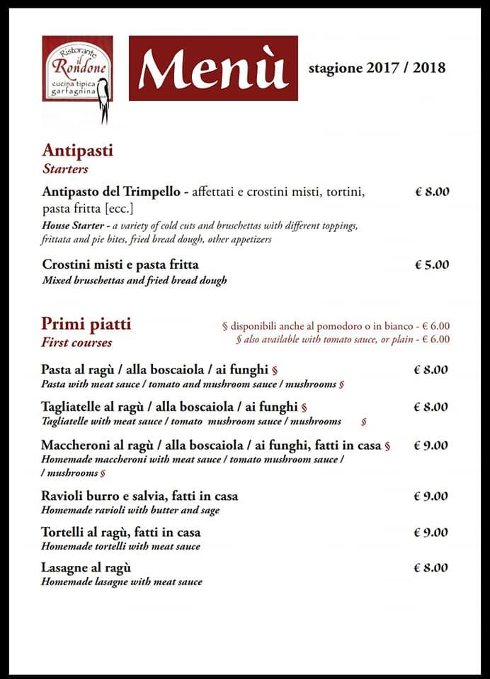 Menu da Ristoro Il Rondone ristorante, Vergemoli, Località Trimpello