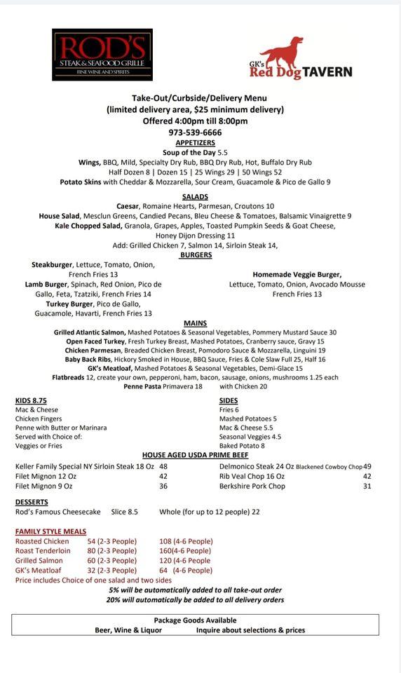 Menu at Rod's Steak & Seafood Grille steakhouse, Morristown