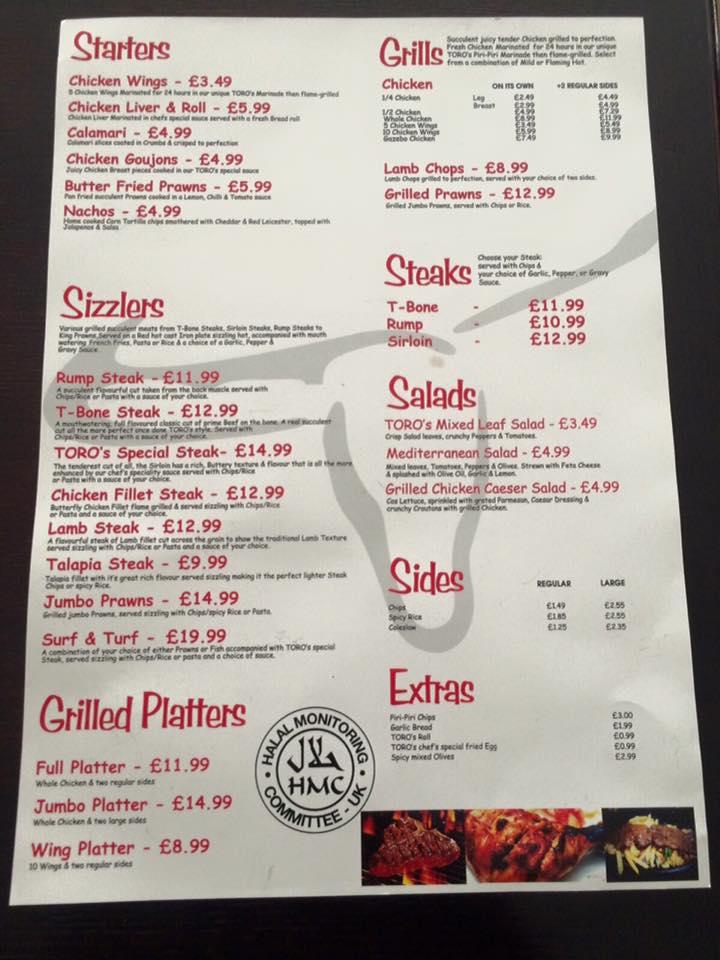 Menu at Toro's Steakhouse, Harrow