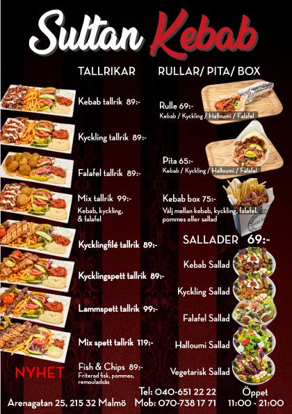 Menu at Sultan Kebab restaurant, Malmö