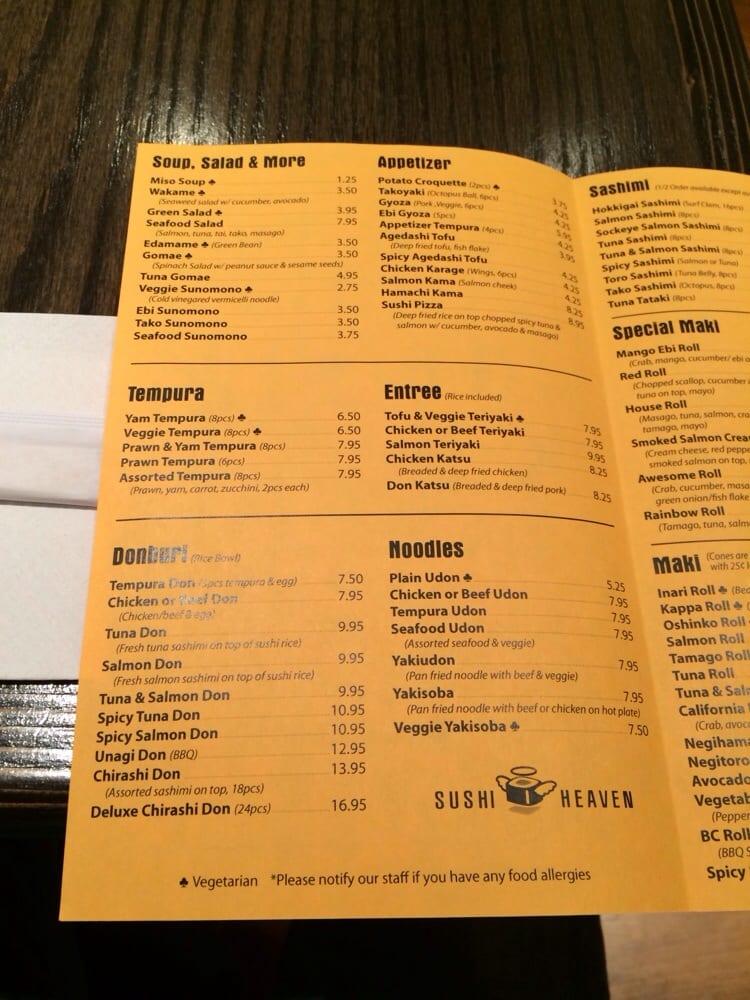 Menu at Sushi Heaven in New Westminster restaurant, New Westminster ...