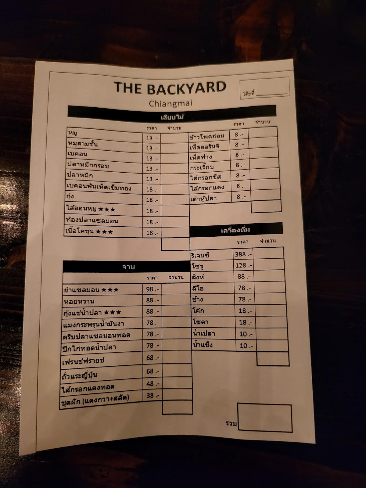 Menu at THE BACKYARD CHIANGMAI restaurant, Chiang Mai