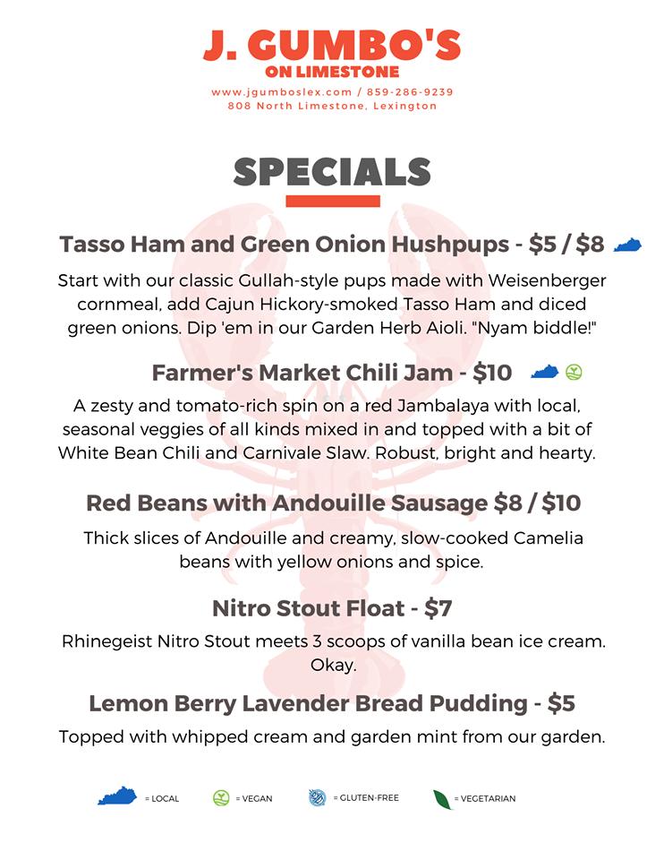 Carta del restaurante J. Gumbo's, Lexington