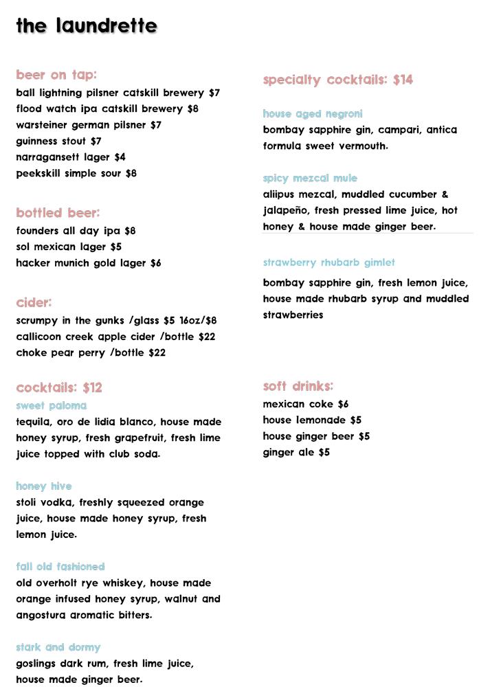 Menu at The Laundrette pub & bar, Narrowsburg