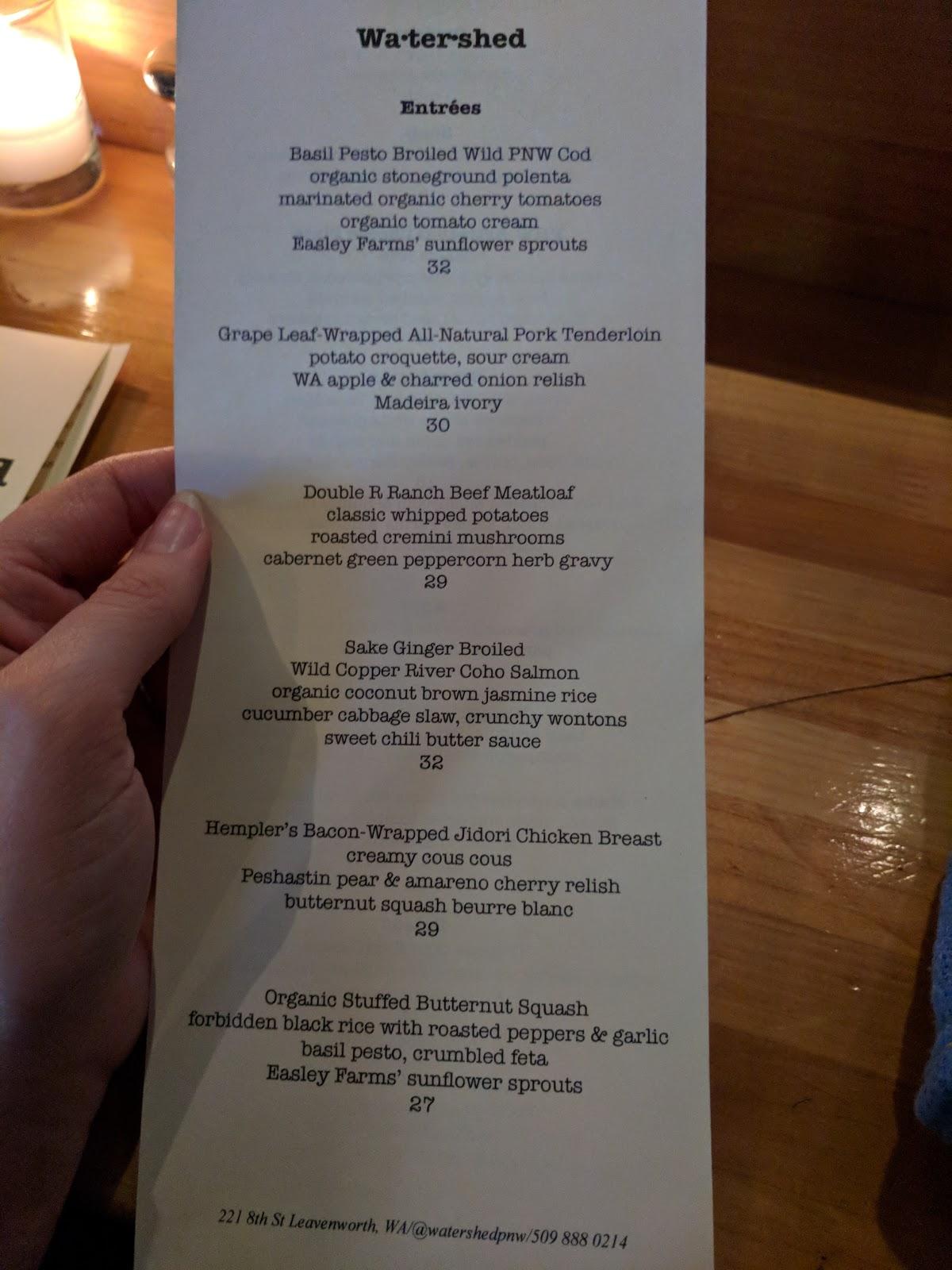 Menu at Watershed Cafe, Leavenworth