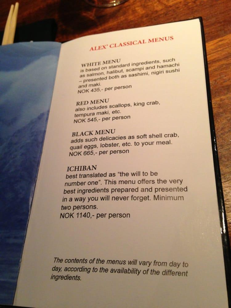 Menu at Alex Sushi restaurant, Oslo, Cort Adelers gate 2