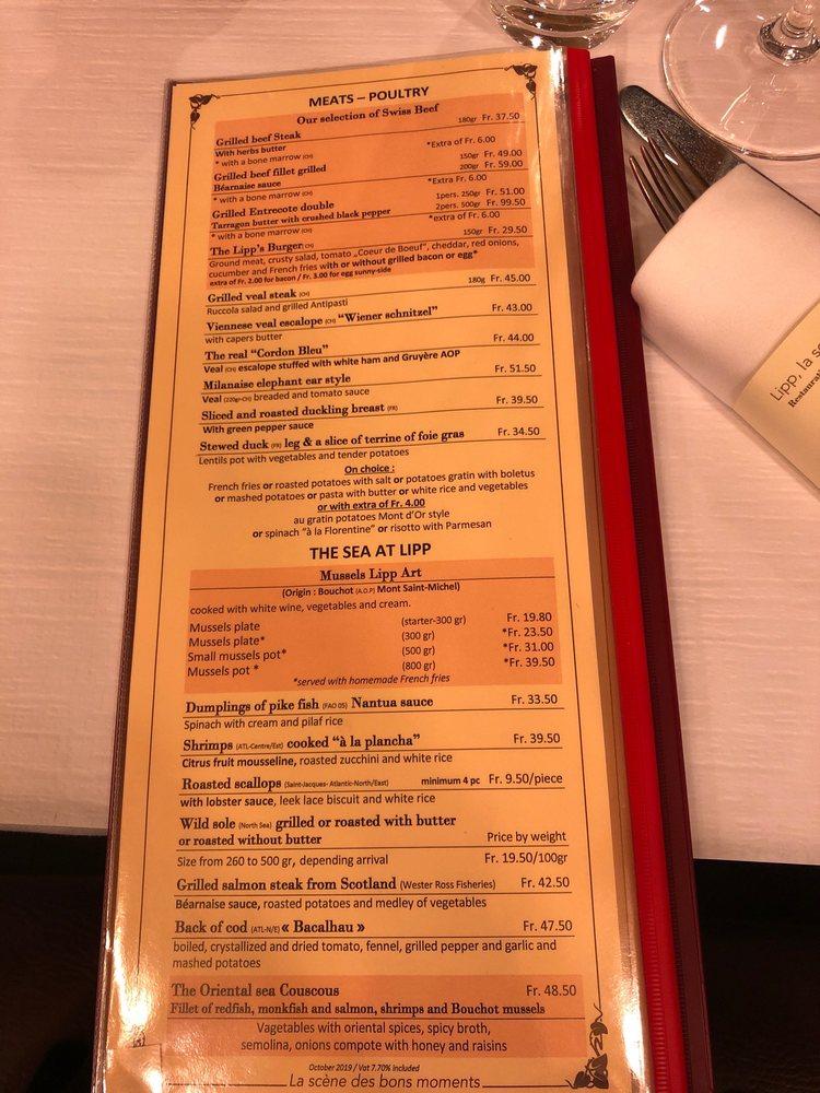 Menu au Brasserie Lipp, Genève, Confédération centre