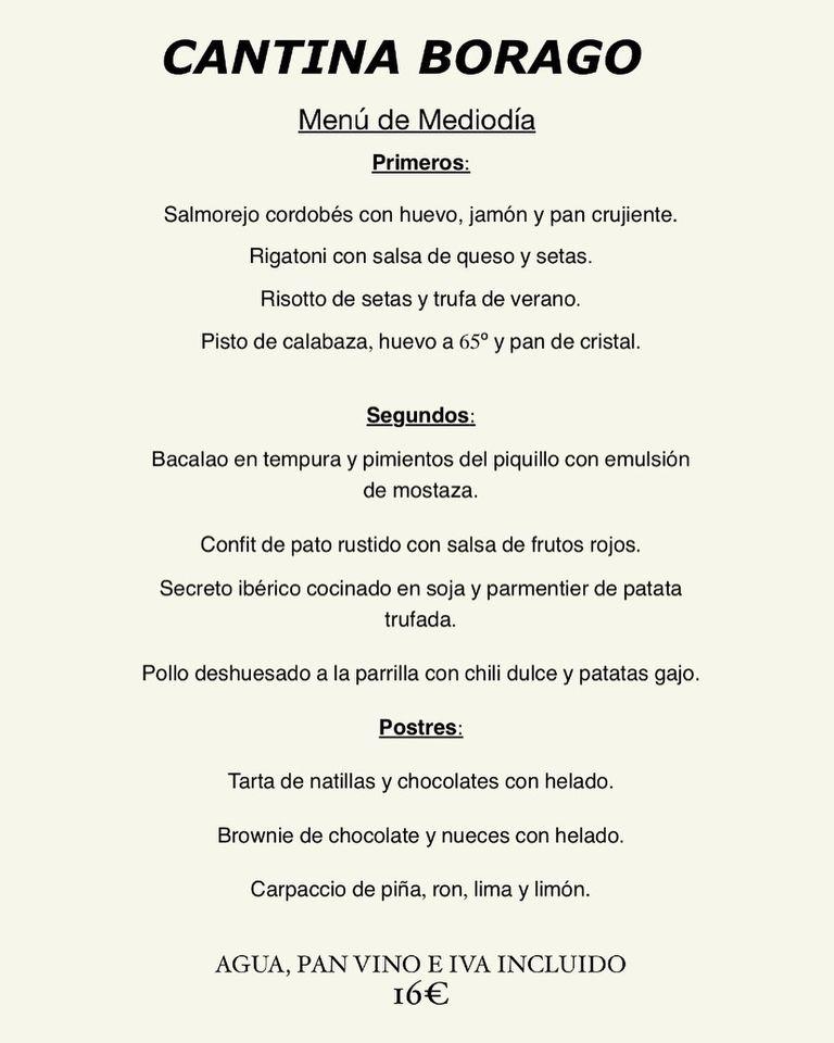 Carta del pub y bar Cantina Borago, Zaragoza