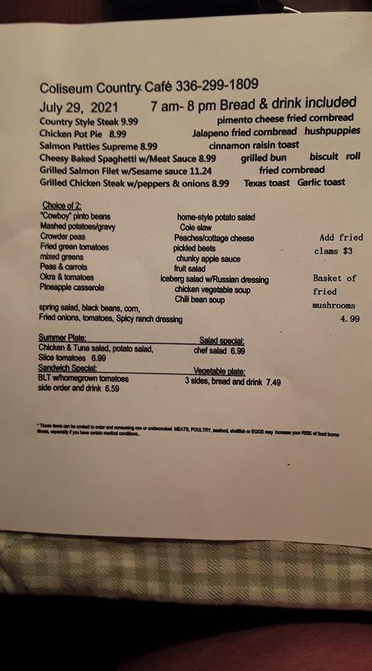 Menu at Coliseum Country Cafe, Greensboro