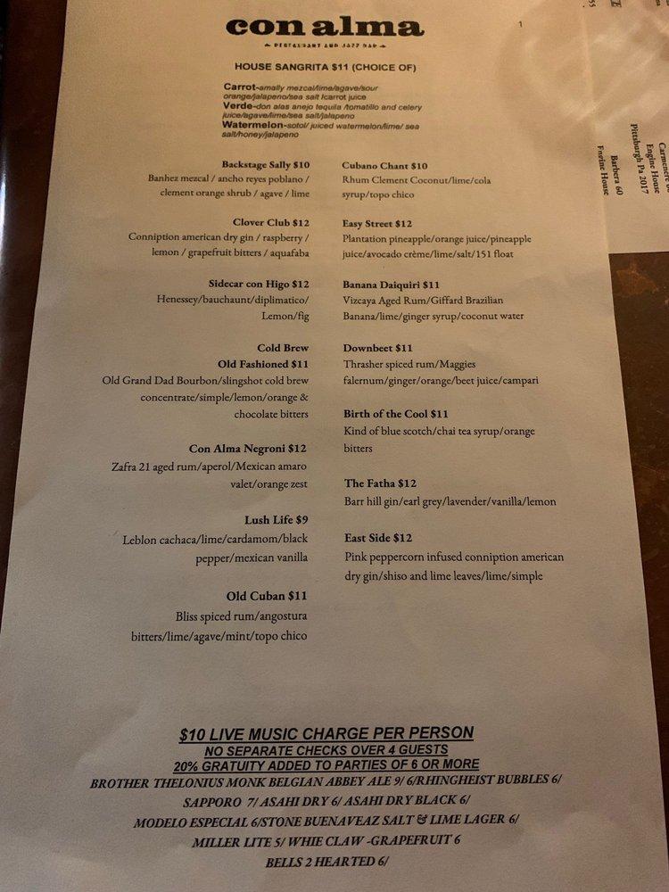 Menu at Con Alma pub & bar, Pittsburgh, 613 Penn Ave