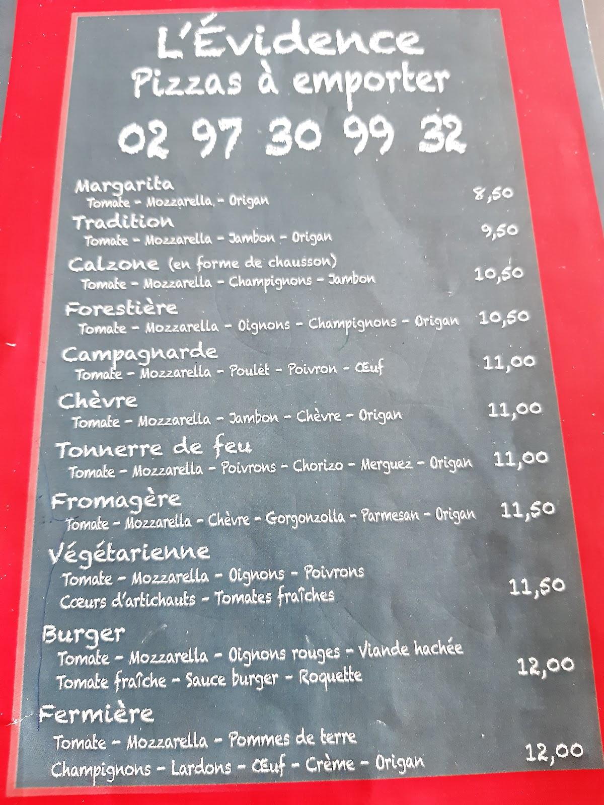 Menu au Pizzeria l evidence, Saint-Pierre-Quiberon