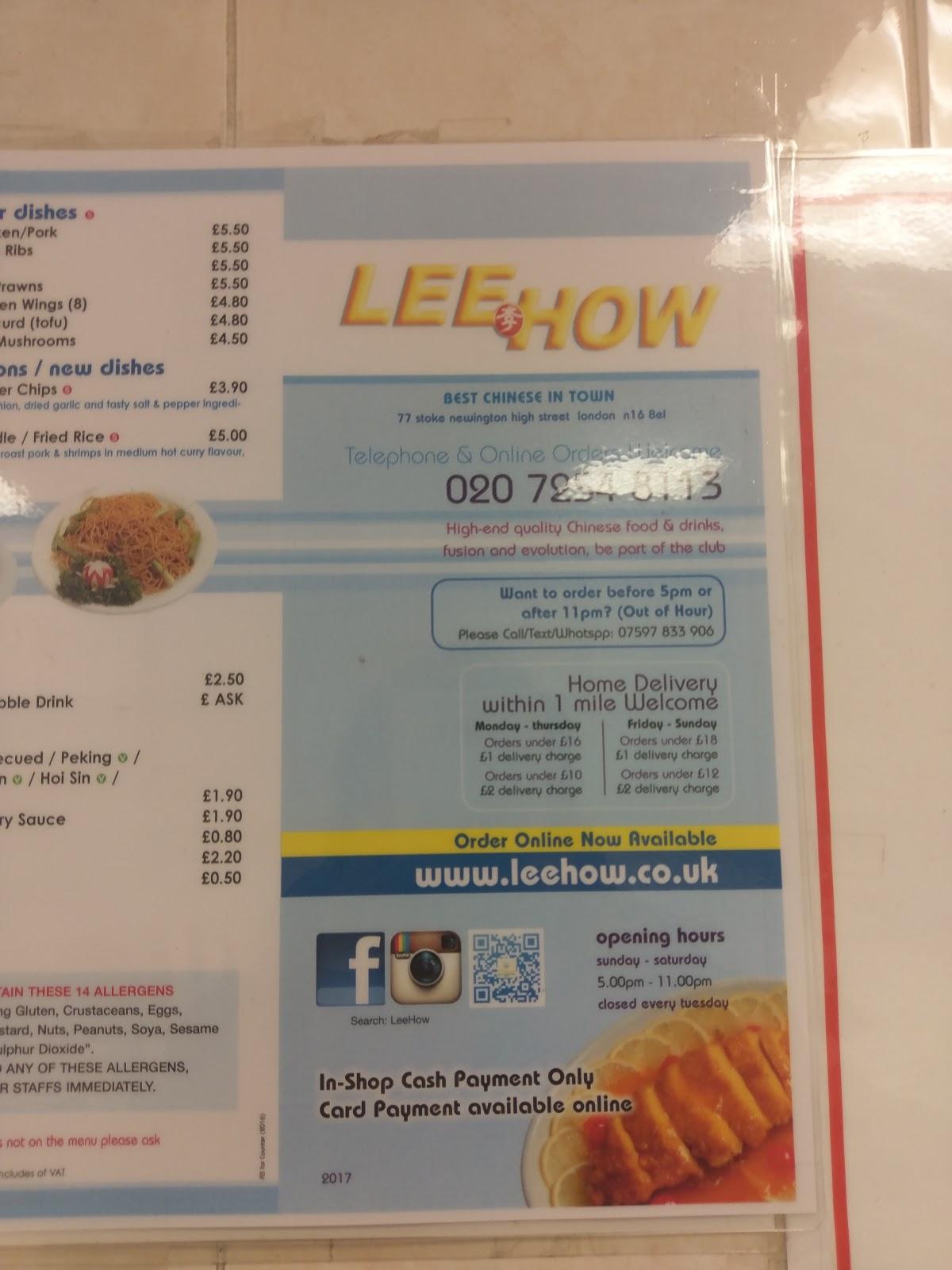 Menu at Lee How fast food, London, 77 Stoke Newington High St