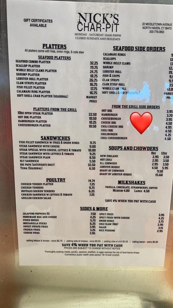 Menu at Nick's Char Pit fast food, North Haven