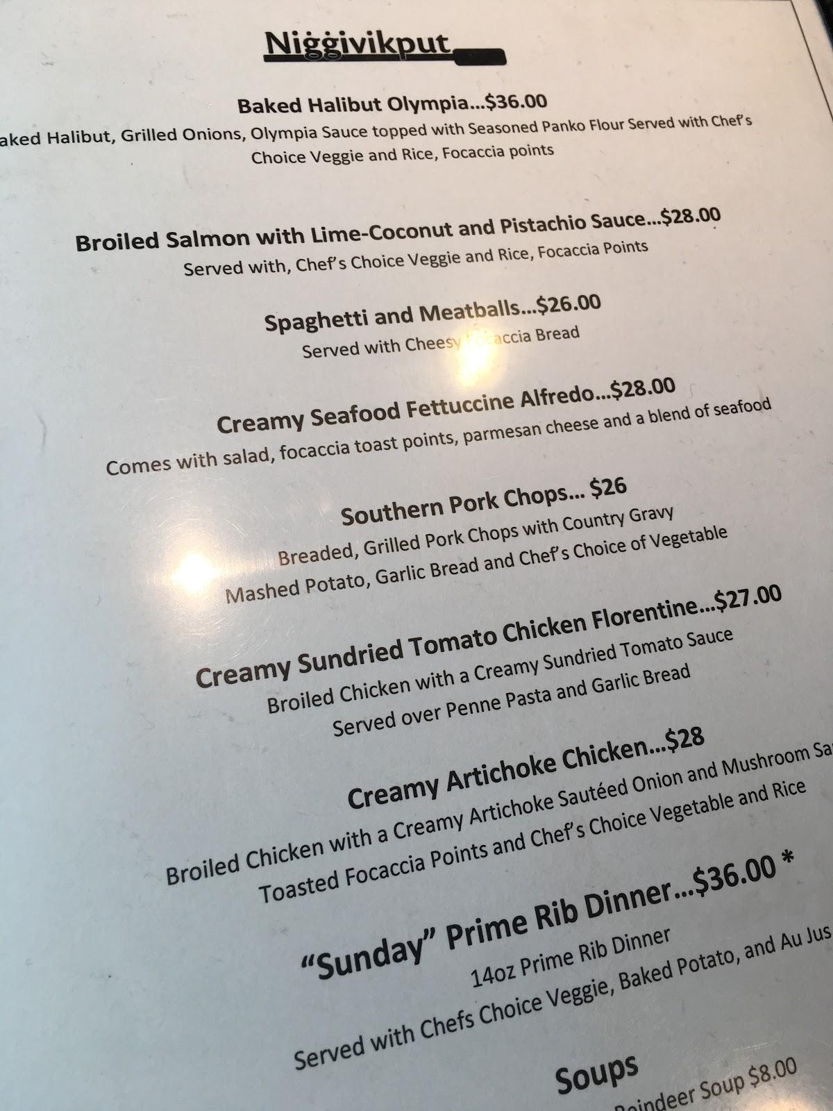 Menu at Niġġivikput restaurant, Utqiagvik