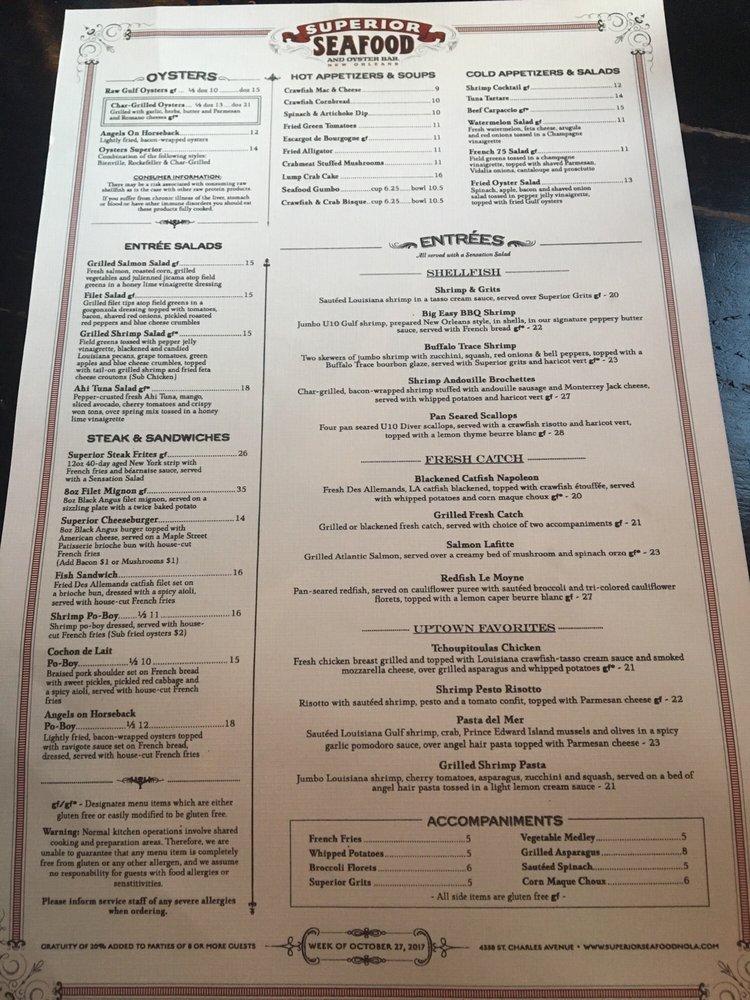 Menu at Superior Seafood & Oyster Bar, New Orleans