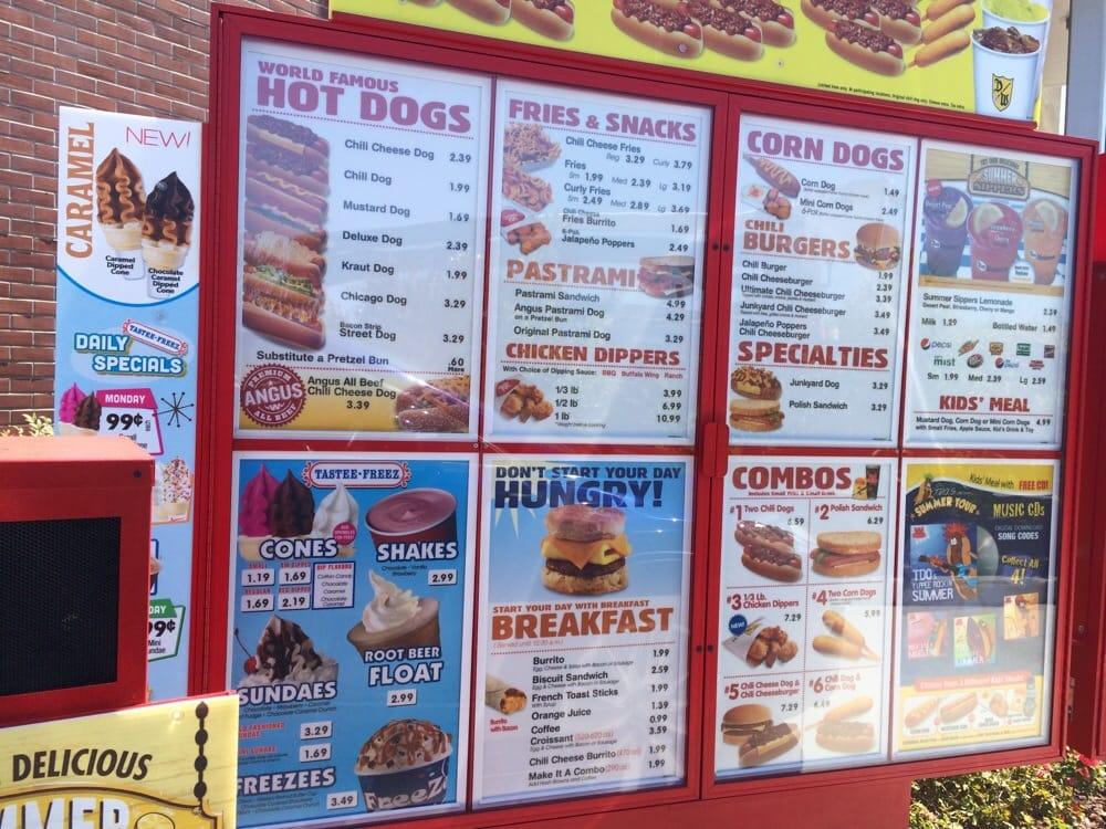 Menu at Wienerschnitzel fast food, Tracy, S Schulte Rd