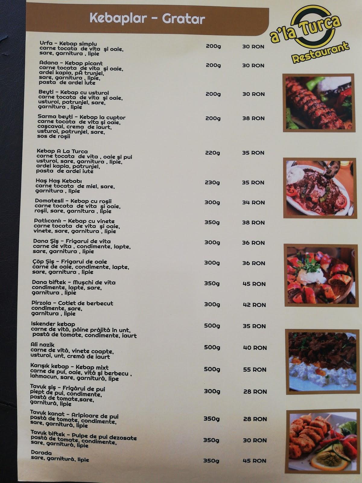 Menu at A La Turca restaurant Balotești, Bucharest