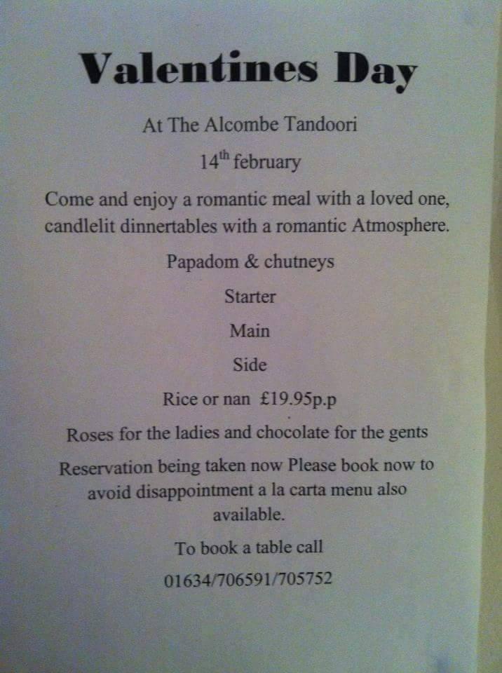 Menu at Alcombe Tandoori restaurant, Minehead