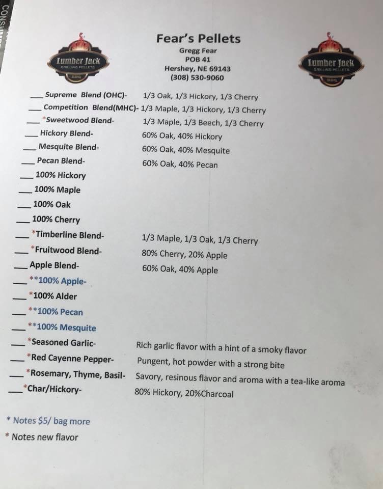 Menu at Fear's Bbq Pellets, Hershey
