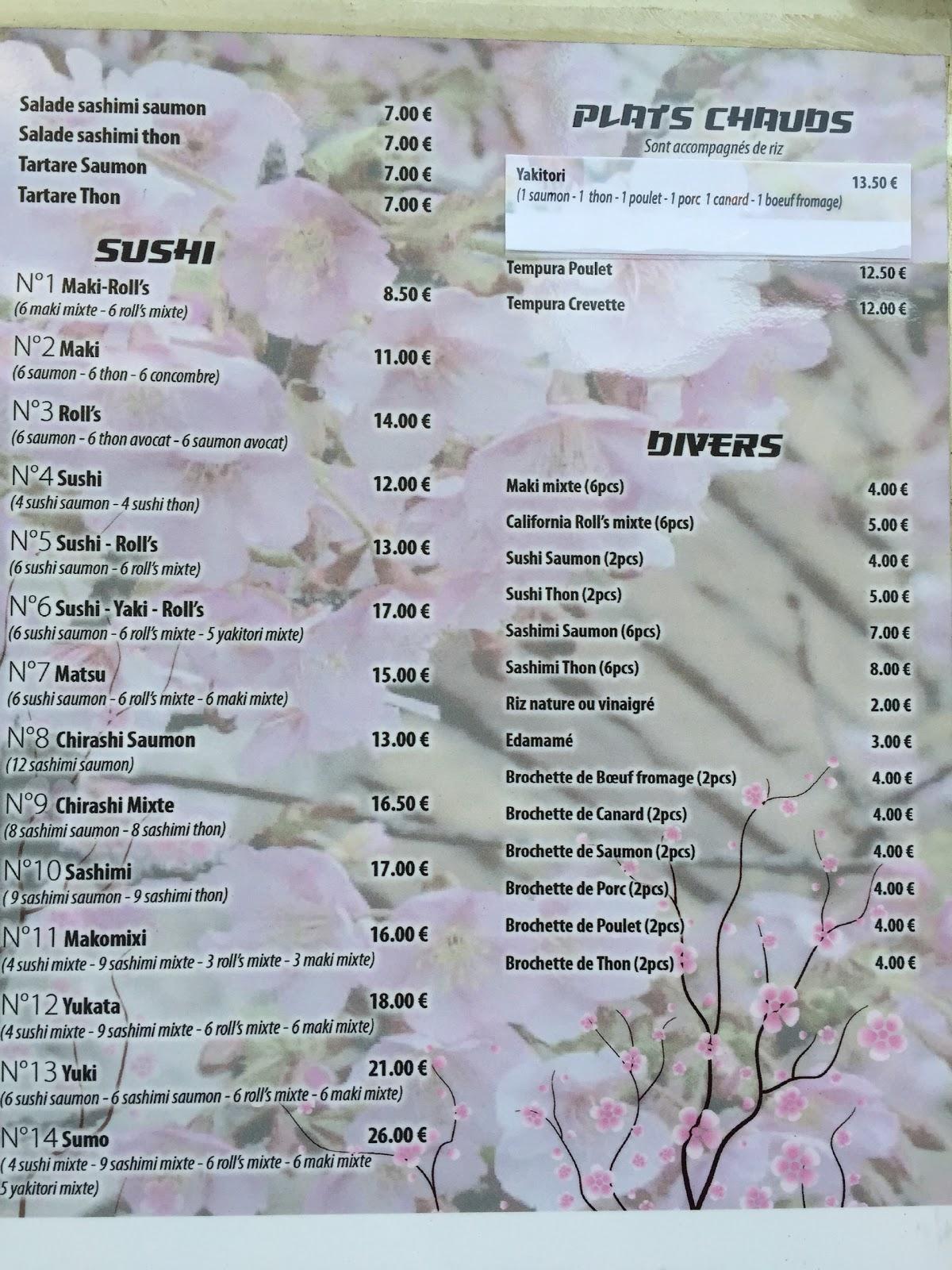 Menu au Hana Yuki Dax restaurant, Dax