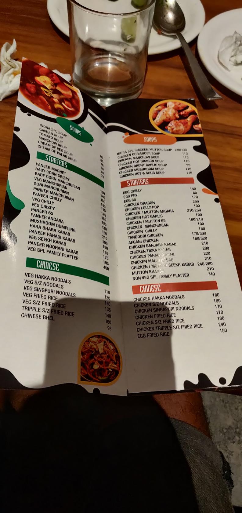 Menu at Indra garden, India