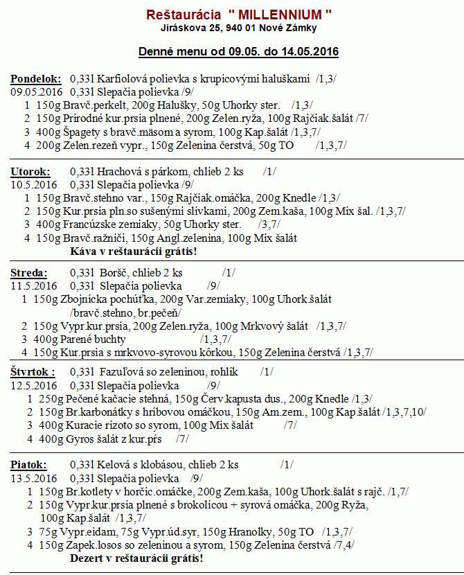 Menu at Reštaurácia Millennium restaurant, Nové Zámky