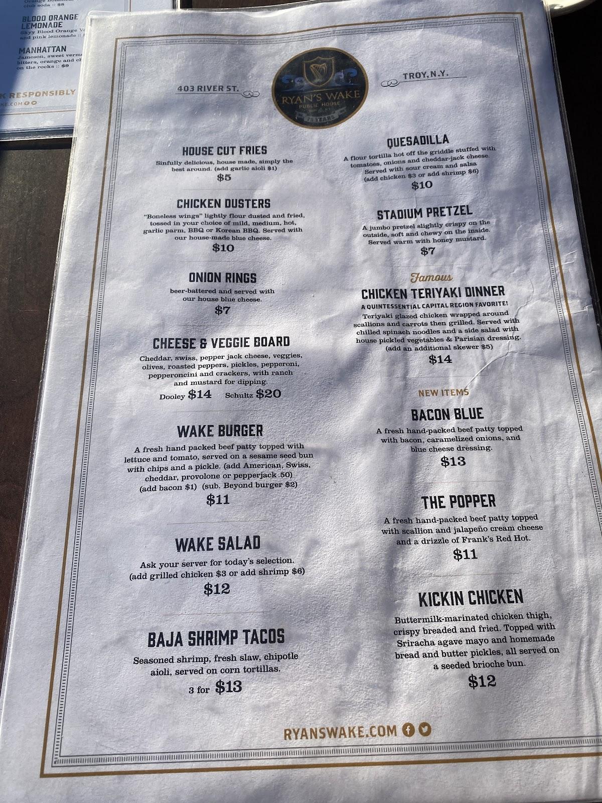 Menu at Ryan's Wake pub & bar, Troy