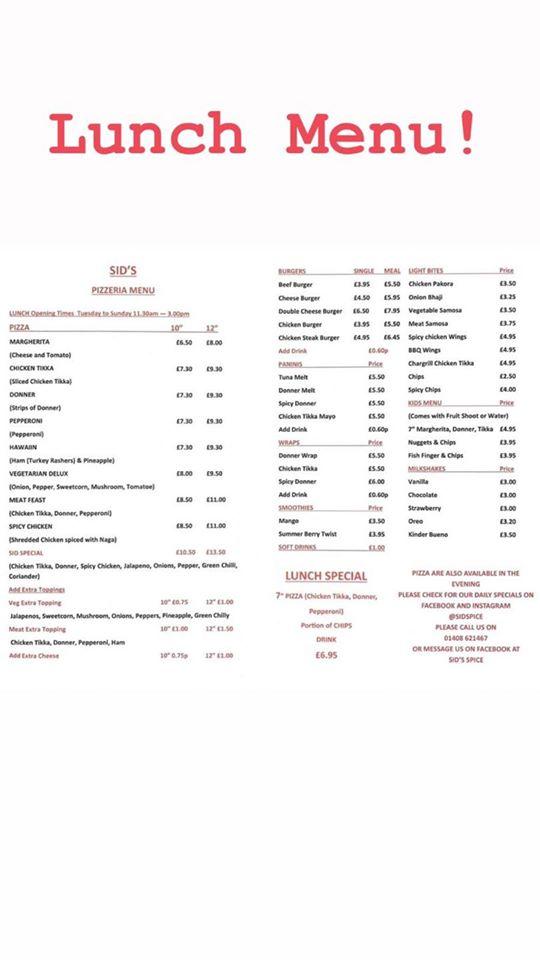 Menu at Sid's Spice restaurant, Brora