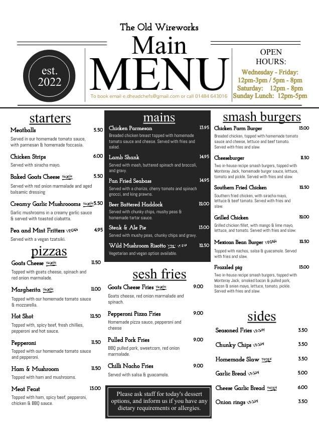Menu at The Old Wireworks pub & bar, Huddersfield