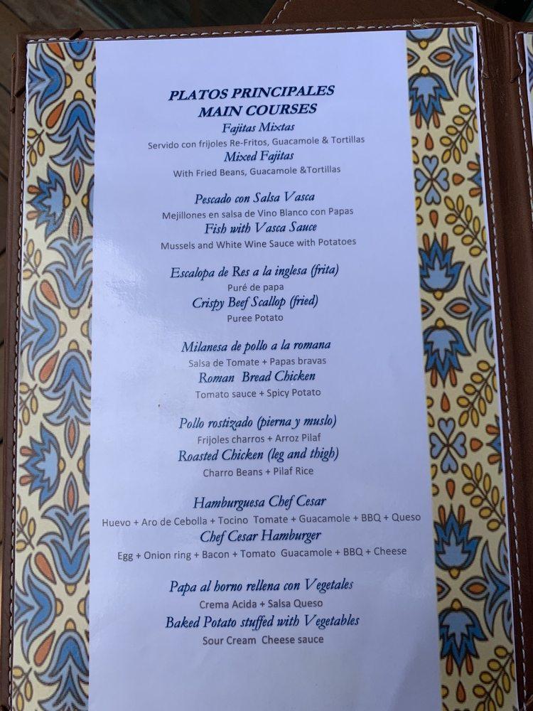 Carta del restaurante Azur, Cancún