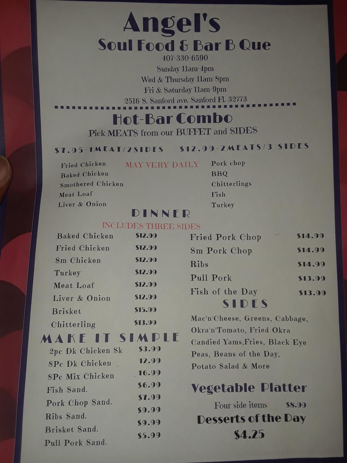 Menu at Angel's Soul food & BBQ, Sanford