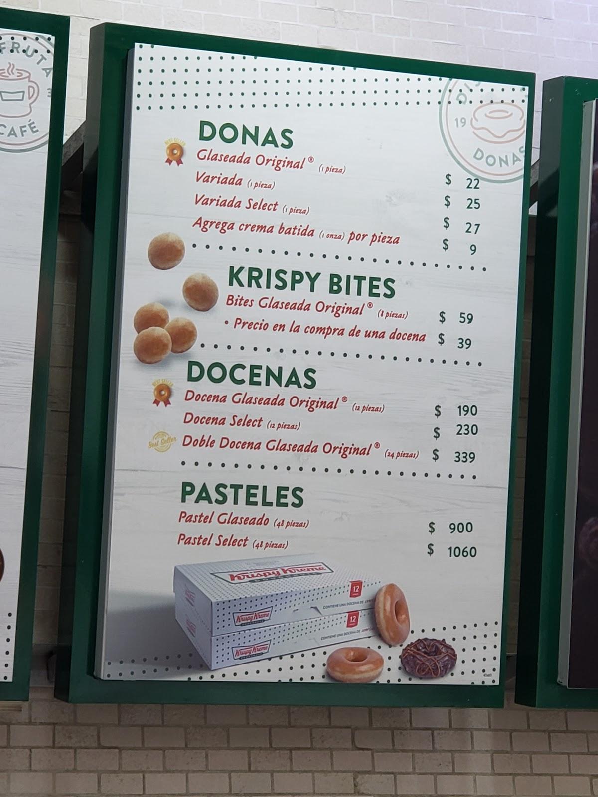 Menu at Krispy Kreme restaurant, Mexico City, Av. Juárez 32