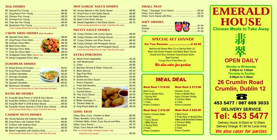 Menu at Emerald House fast food, Dublin, 26 Crumlin Rd