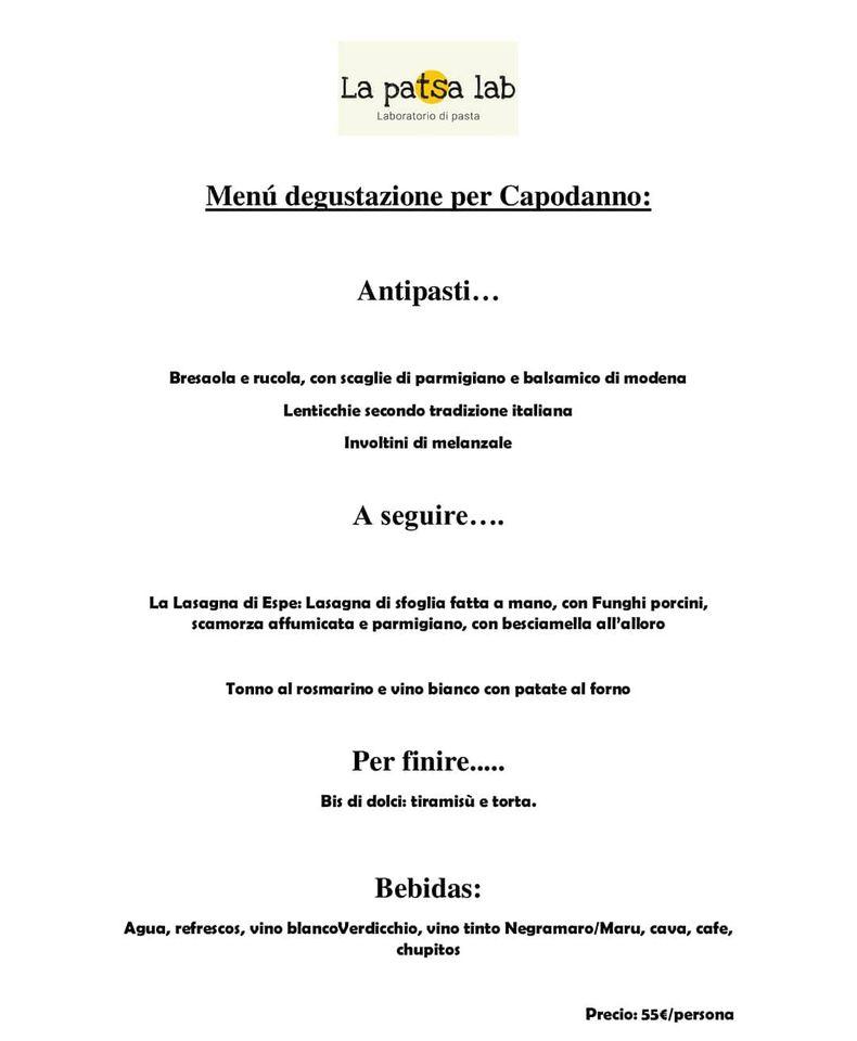 Menu at La Patsa Lab restaurant, Barcelona