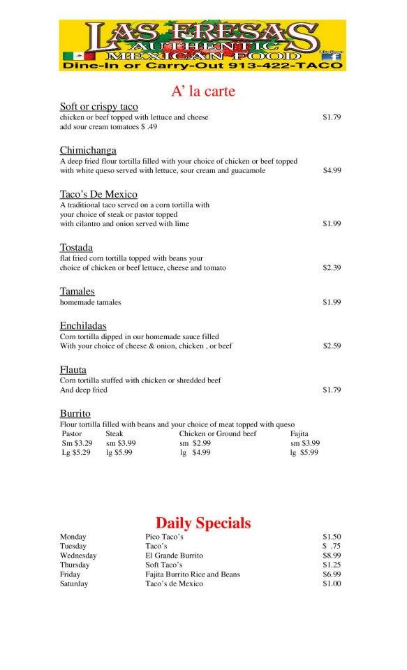 Menu at Las Fresas restaurant, Edwardsville