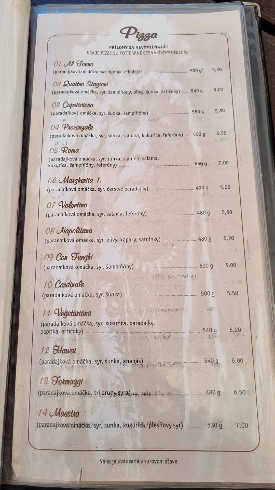 Menu at Pizzeria BROD, Porúbka