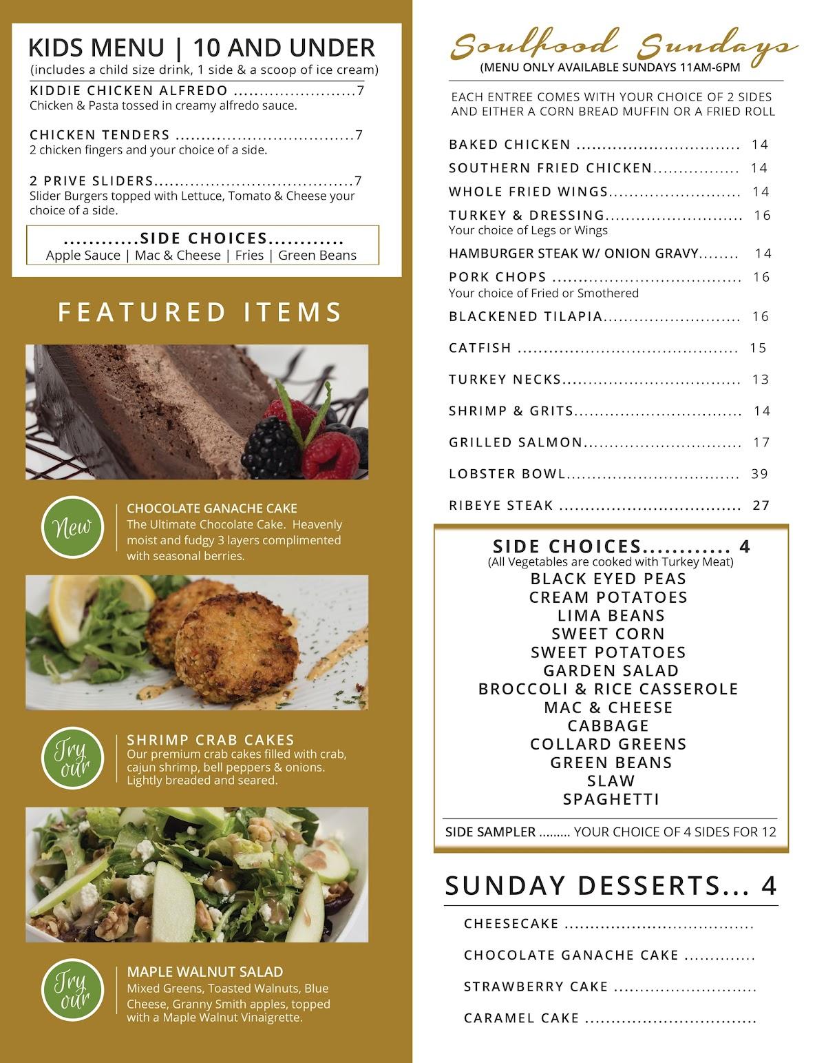 Menu at Prive restaurant, Memphis, Winchester Rd