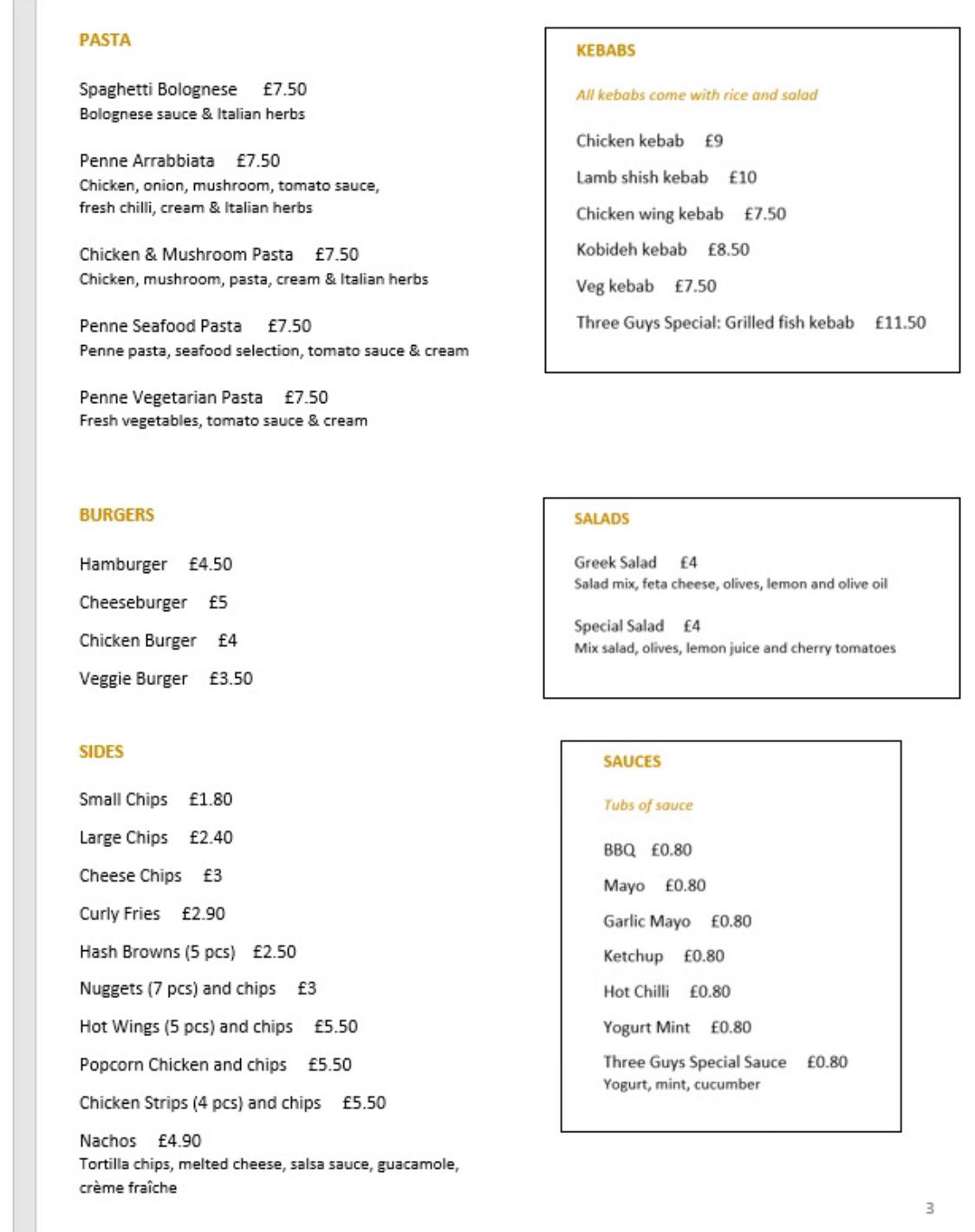Menu at ThreeGuys Pizza Bar, Wigan