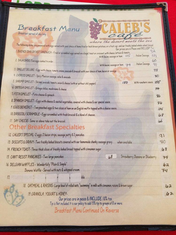 Menu at Caleb's Cafe, Los Barriles