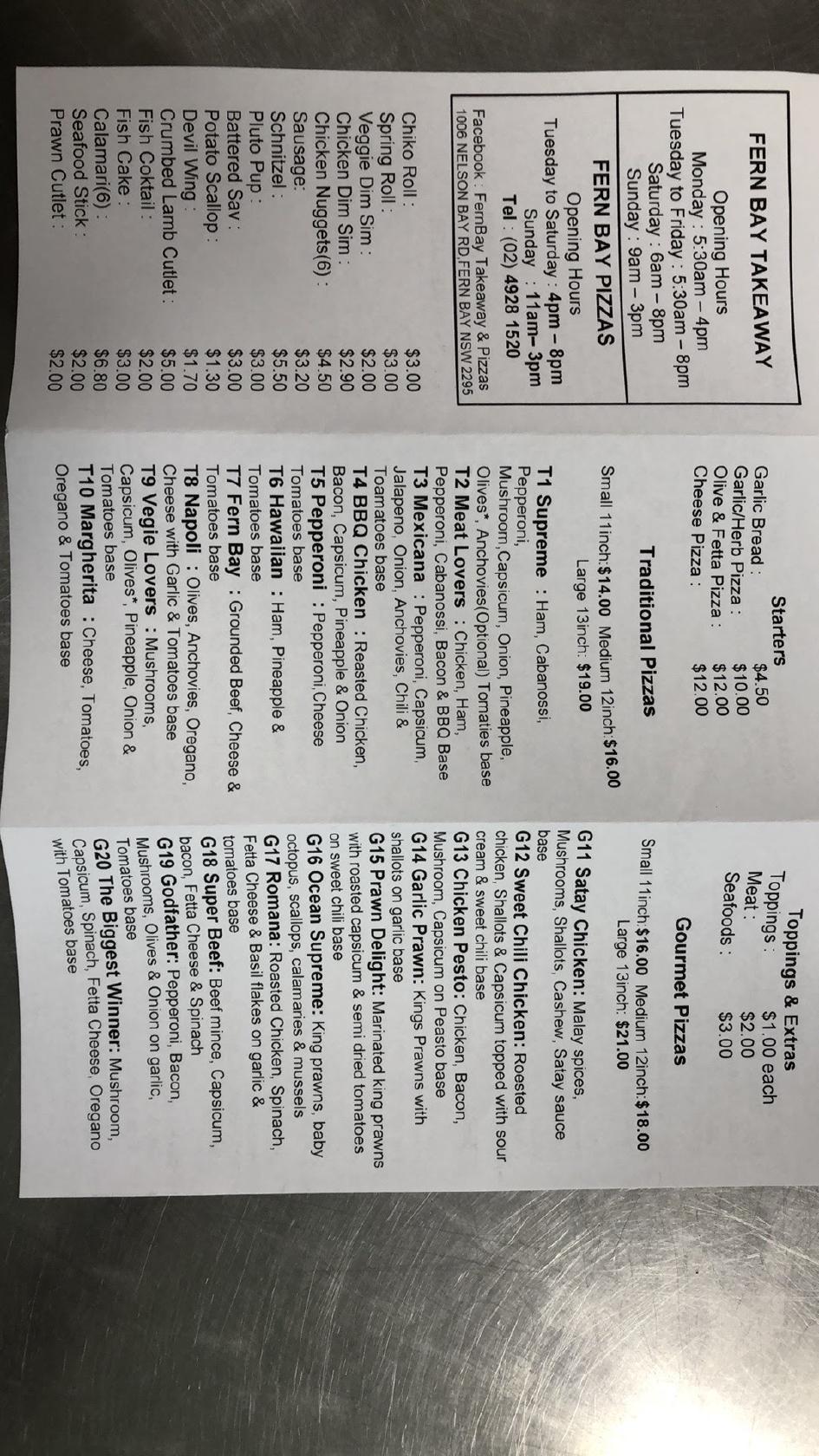 Menu at Fern Bay Store pizzeria, Fern Bay