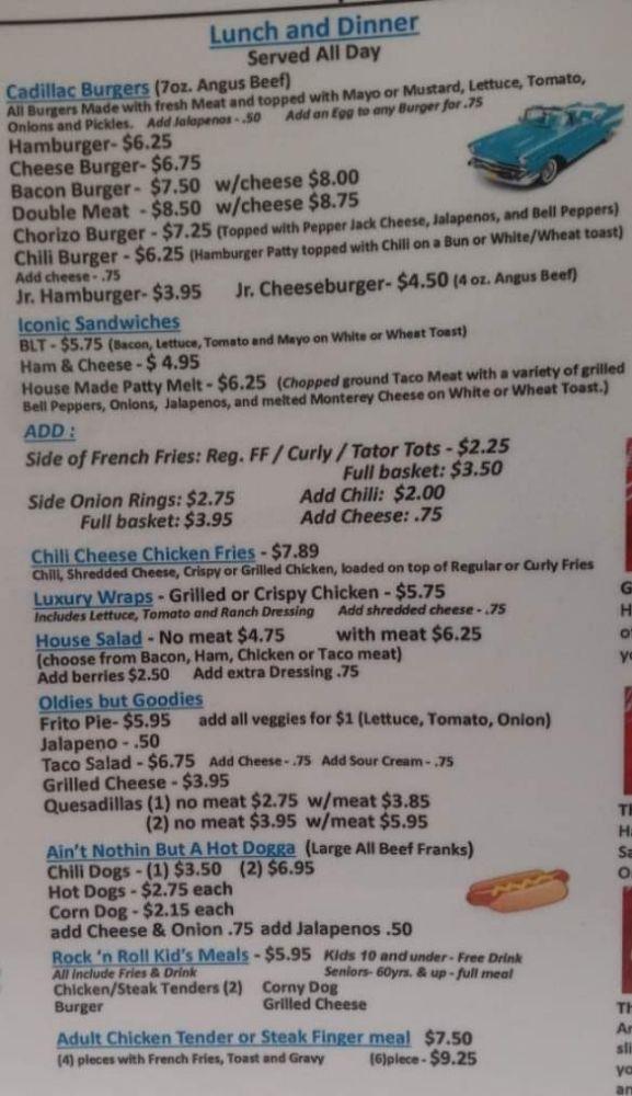 Menu at Happy Days Diner restaurant, Mineral Wells