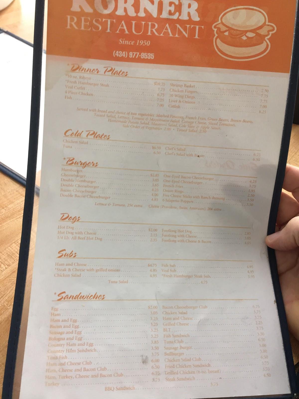 Menu at Korner Restaurant & Catering, Charlottesville, 415 Roosevelt ...
