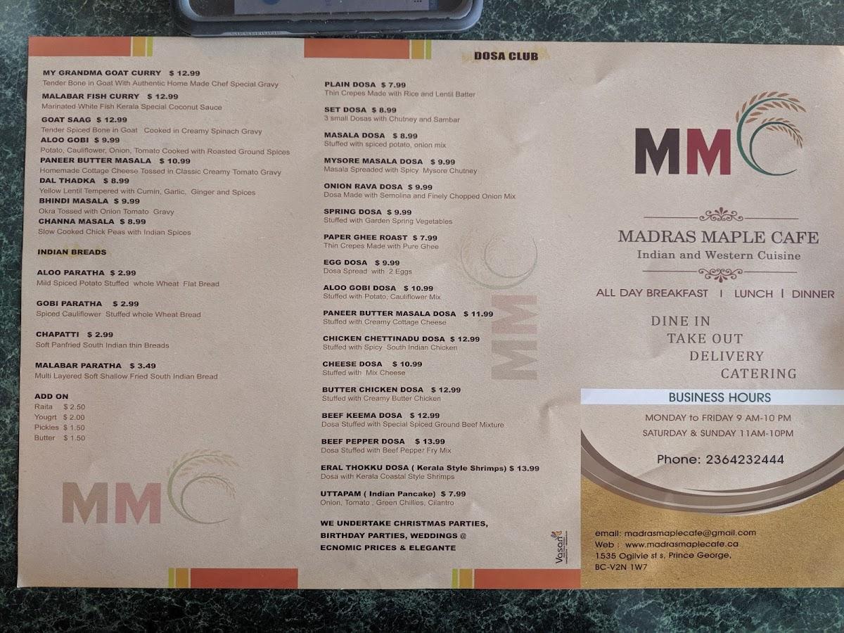 Menu at Madras Maple Cafe, Prince George