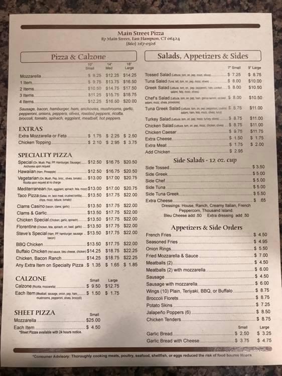 Menu at Main Street Pizza pizzeria, East Hampton