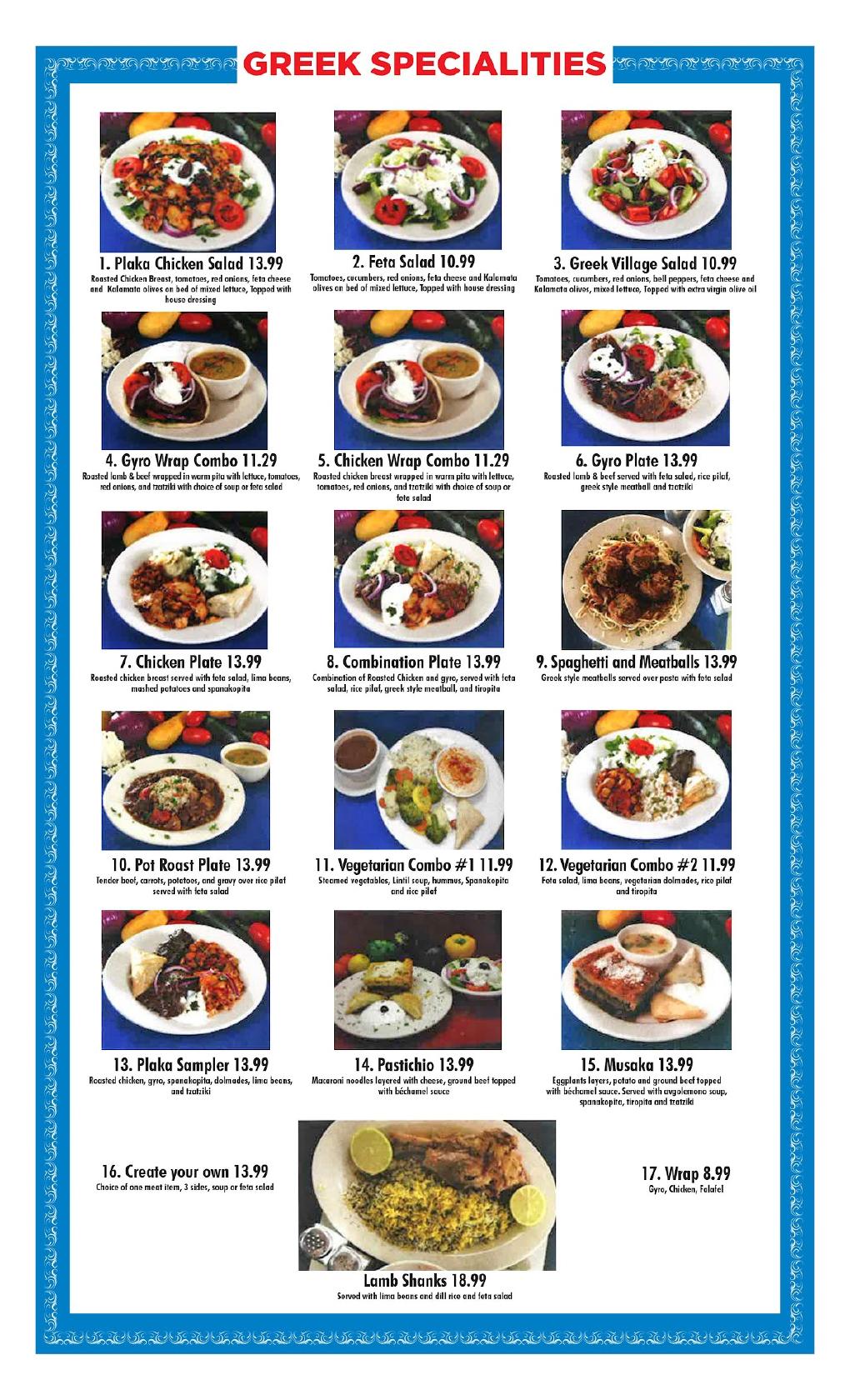 Menu at Plaka Greek Cafe, Georgetown
