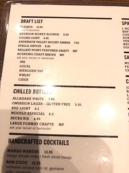 Menu at Reunion Kitchen + Drink pub & bar, Laguna Beach