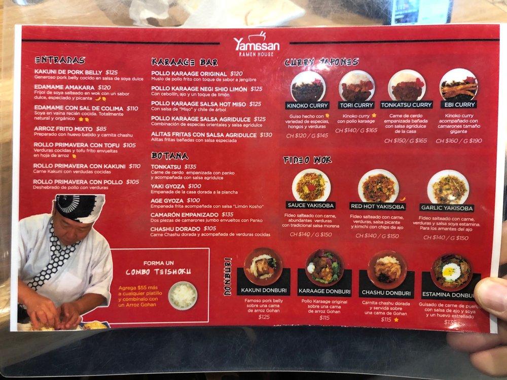 Menu at Yamassan Ramen House restaurant, Mexico City