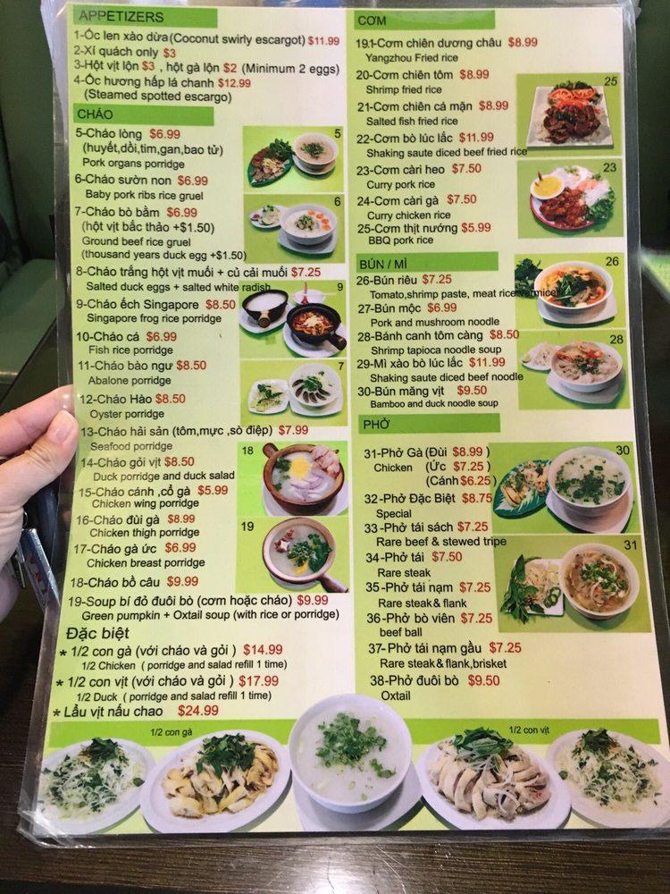 Menu at Cháo Đêm restaurant, Garden Grove