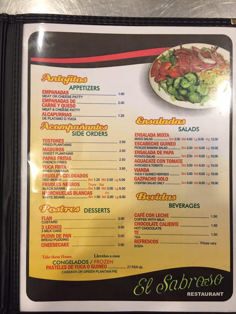 Menu at El Sabroso restaurant, Jersey City